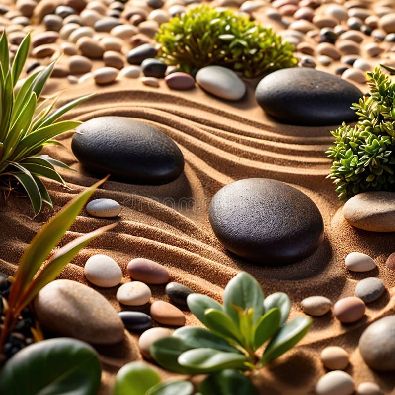 Smooth Pebbles and Sprigs of Greenery Arranged Artistically on Raked ...