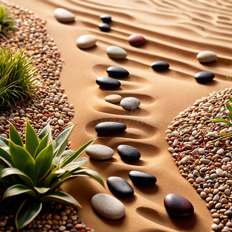 Smooth Pebbles and Sprigs of Greenery Arranged Artistically on Raked ...