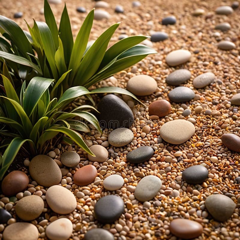 Smooth Pebbles and Sprigs of Greenery Arranged Artistically on Raked ...