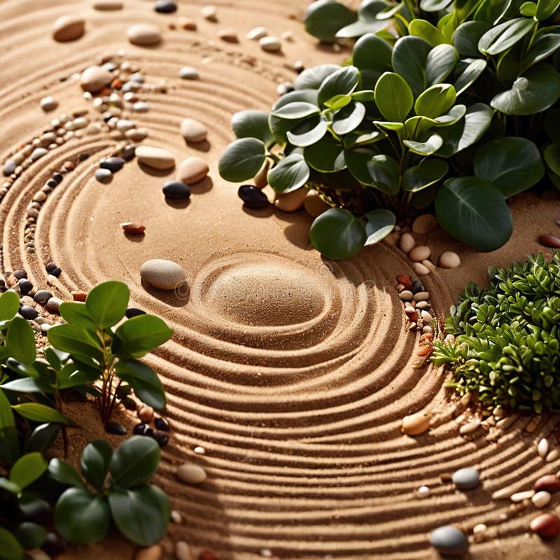 Smooth Pebbles and Sprigs of Greenery Arranged Artistically on Raked ...