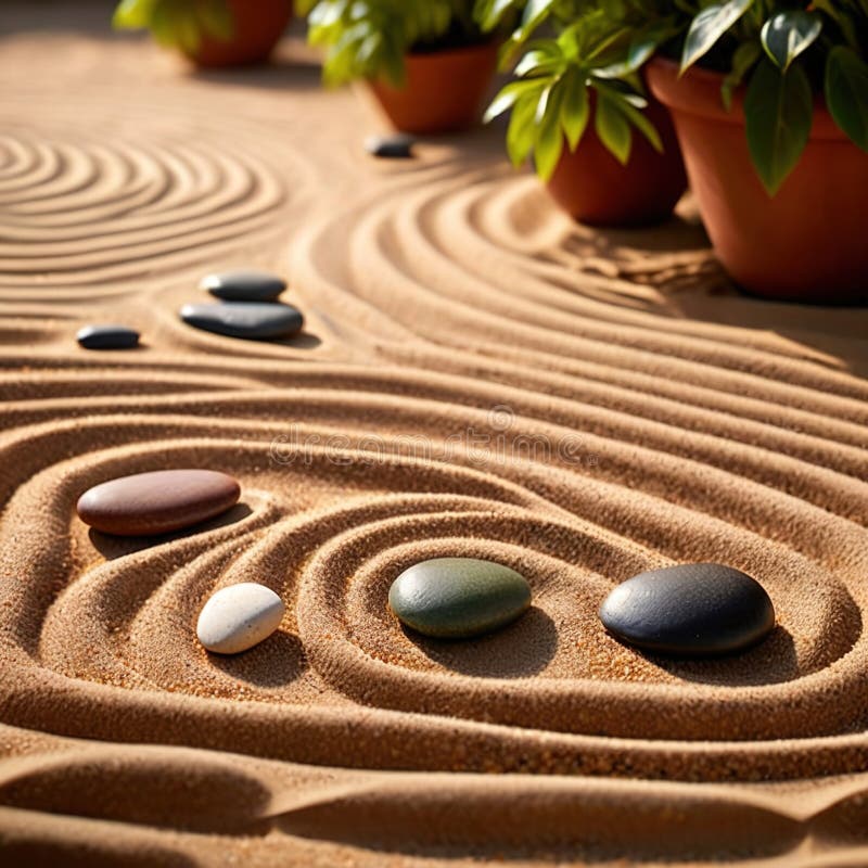 Smooth Pebbles and Sprigs of Greenery Arranged Artistically on Raked ...