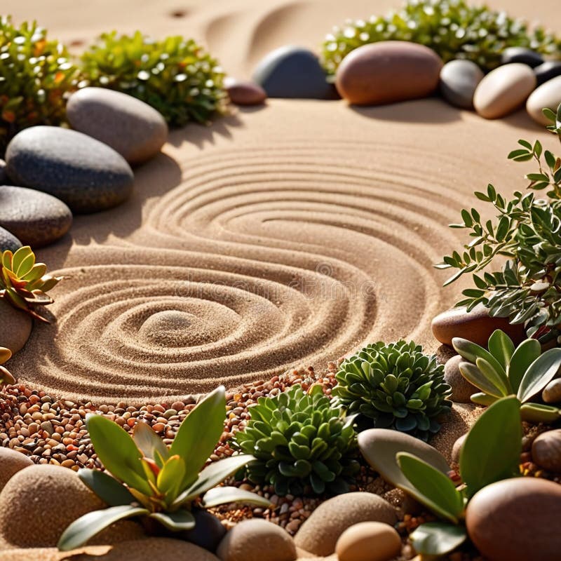 Smooth Pebbles and Sprigs of Greenery Arranged Artistically on Raked ...