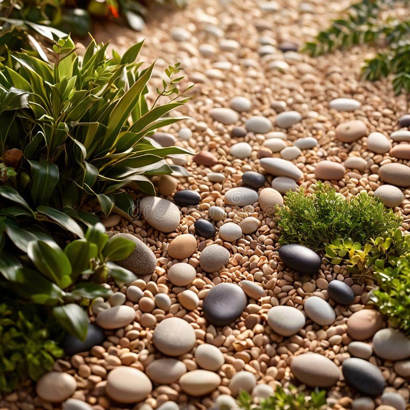 Smooth Pebbles and Sprigs of Greenery Arranged Artistically on Raked ...