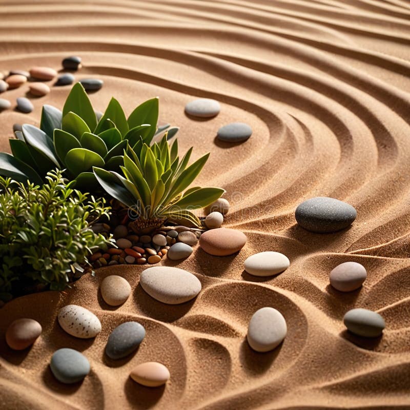 Smooth Pebbles and Sprigs of Greenery Arranged Artistically on Raked ...