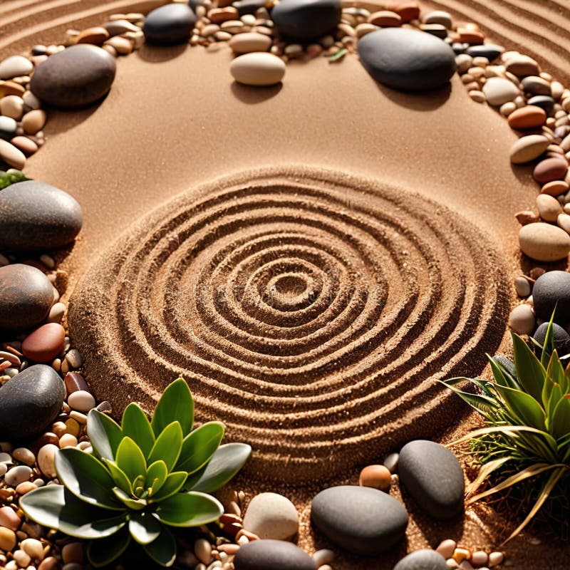 Smooth Pebbles and Sprigs of Greenery Arranged Artistically on Raked ...