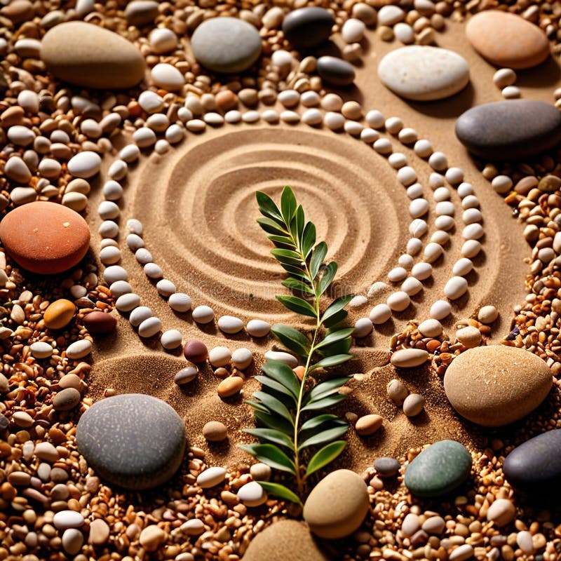 Smooth Pebbles and Sprigs of Greenery Arranged Artistically on Raked ...