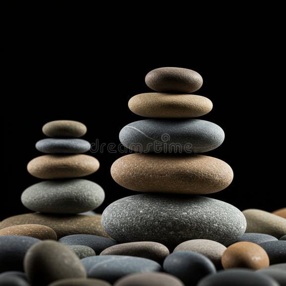 Smooth Pebbles Stack into Two Balanced Cairns Against a Black ...