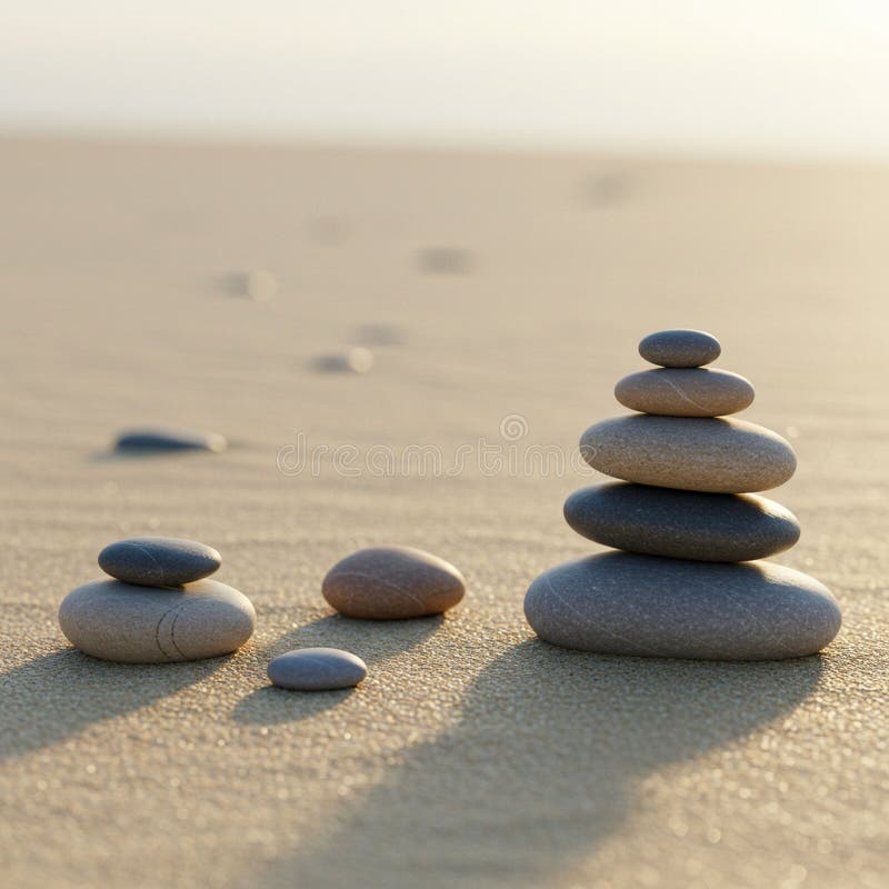 Smooth Pebbles Stacked in Balanced Formations on Fine Sand. the Larger ...