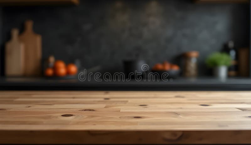 Smooth Polished Wooden Tabletop in Front of Softly Blurred Dark Kitchen ...
