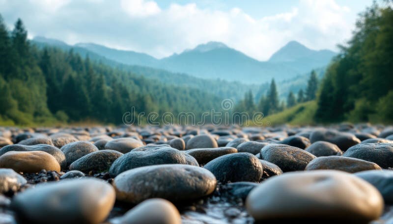 Smooth River Rocks by a Tranquil Stream with Mountains and Trees in the ...