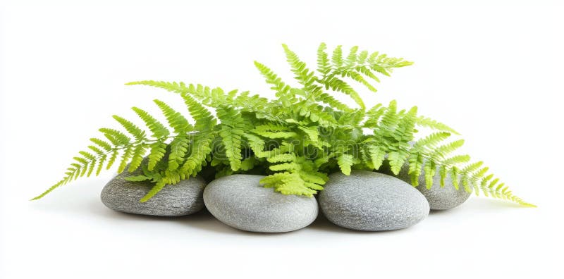 Smooth River Rocks on a White Background are Surrounded by Ferns and ...