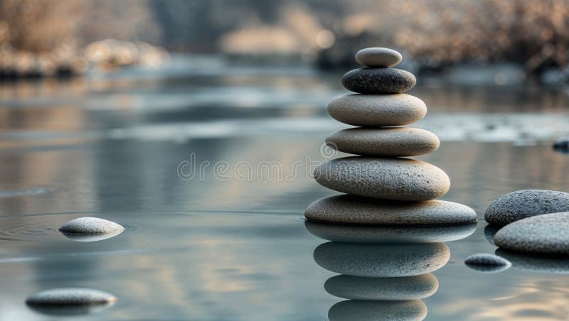 Smooth River Stones Balanced on Each Other beside a Tranquil Water ...