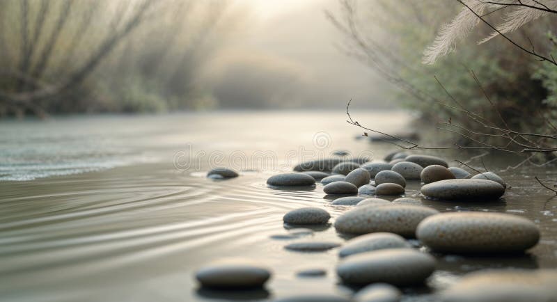 Smooth River Stones and Calm Water Landscape. Stock Image - Image of ...