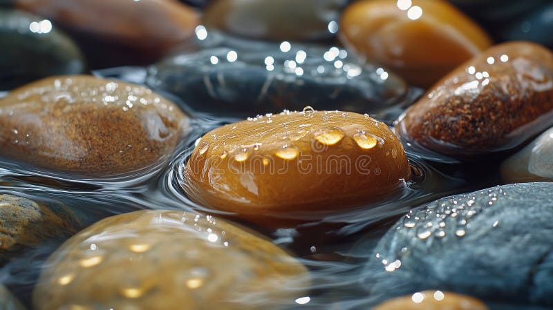 Smooth River Stones with Water Droplets Surrounded by Flowing Water ...