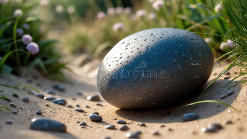 Large Grey Stone on Sandy Path with Grass and Flowers Stock ...
