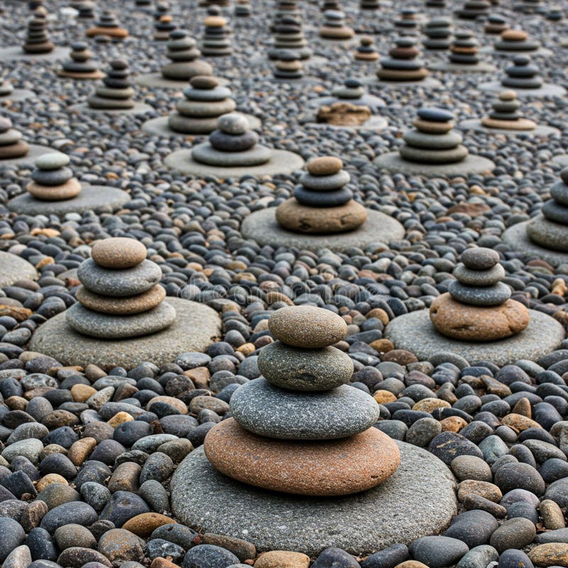 Smooth, Round Stones are Meticulously Stacked in Towers, Each Consisting of Stock Illustration ...