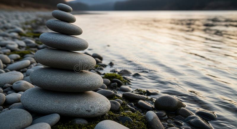 Smooth, Round Stones are Stacked in a Balanced Tower Alongside a Gently ...