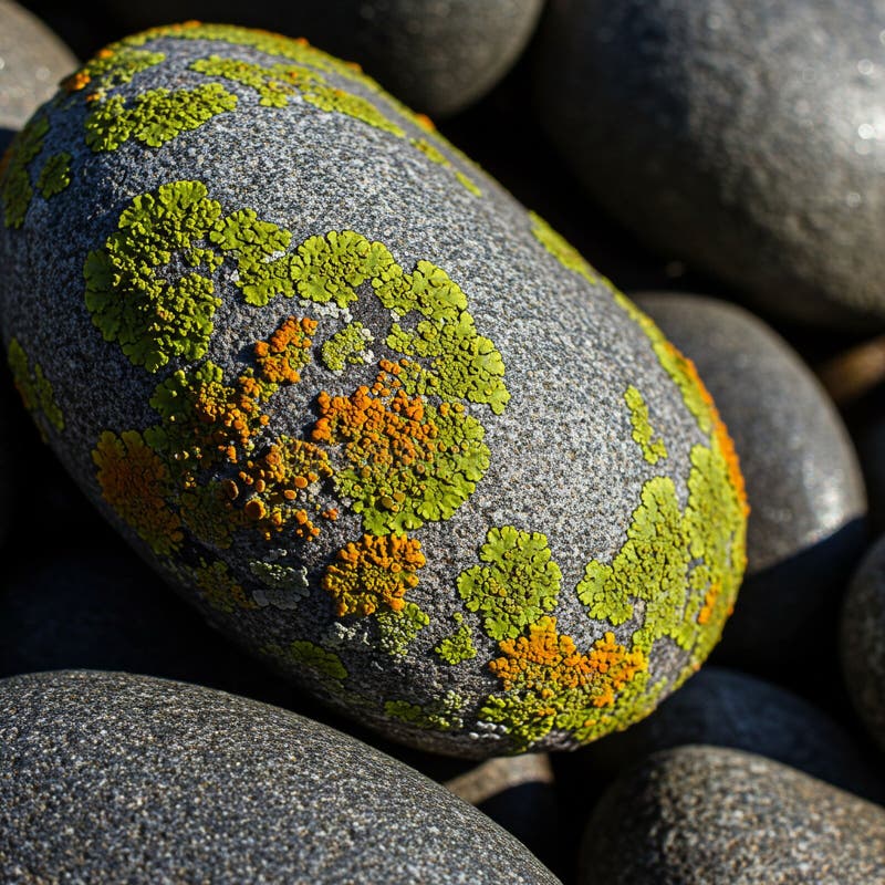 A Smooth, Rounded Gray Stone is Covered with Brightly Colored Lichens ...