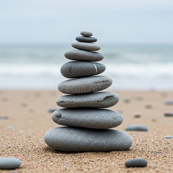 Smooth, Rounded Gray Stones Stacked in a Vertical Tower on a Sandy ...
