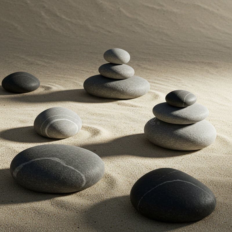Smooth, Rounded Grey Stones Stacked Artistically on Fine, Textured Sand ...