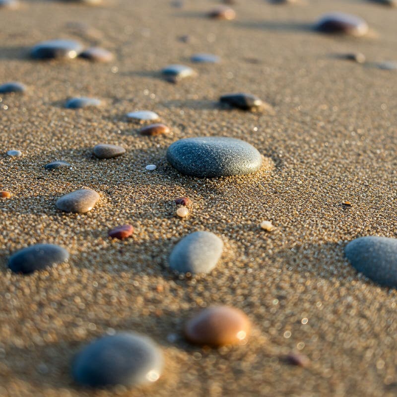 Smooth, Rounded Pebbles Scattered Across a Sandy Beach. the Sand is ...