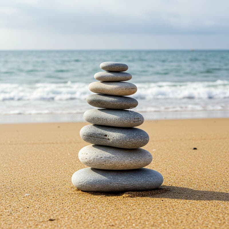 Smooth, Rounded Stones are Stacked in a Balanced Tower on a Sandy Beach ...
