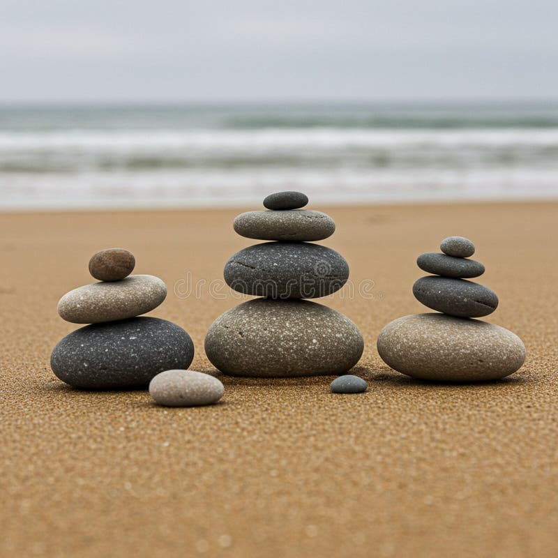 Smooth, Rounded Stones are Stacked in Three Small Cairns on a Sandy ...