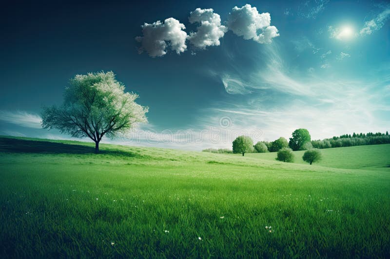 Smooth Serene Spring Day with Light Blue Sky and Green Grass Stock ...