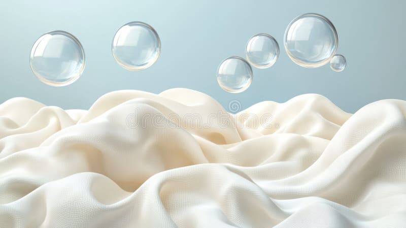 Smooth Silk Fabric Waves and Floating Bubbles on Light Blue Background ...