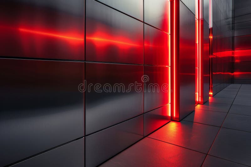 Smooth Silver Metal Panels with Pulsating Red Light Strips: Industrial ...