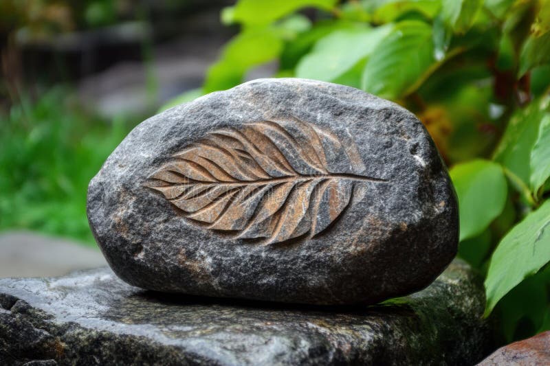 Carved Stone Featuring a Leaf Pattern Set Amidst Lush Greenery Enhances ...