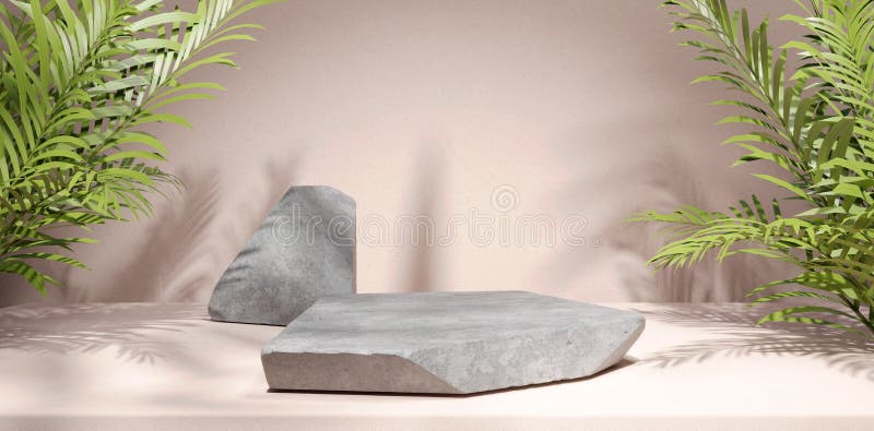 Smooth Stone Podium for Display Product with Tropical Leaves and Shadow ...