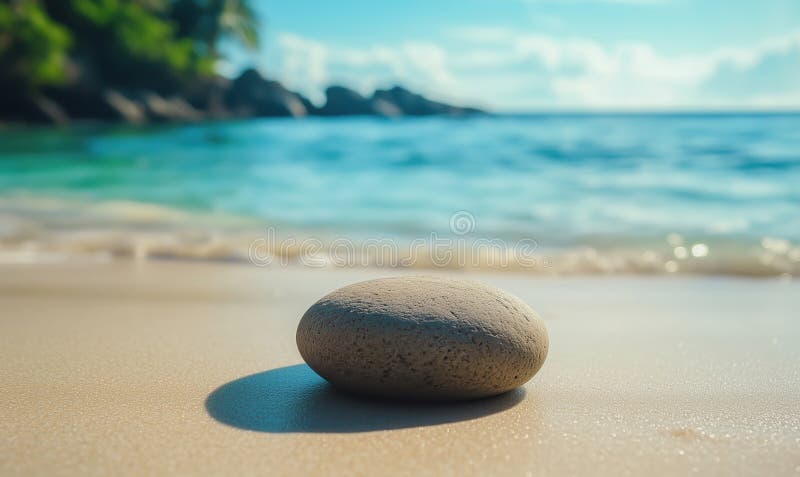 Smooth Stone on Sandy Beach with Gentle Waves and Tropical Backdrop ...