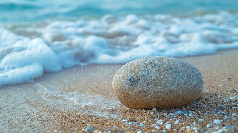 Smooth Stone on Sandy Beach with Ocean Waves Stock Photo - Image of ...