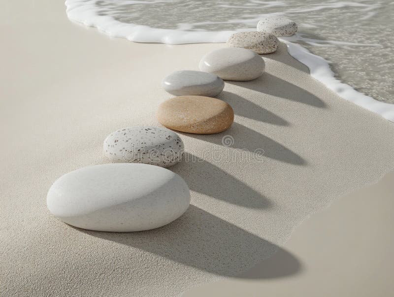 Smooth Stones Lined on Sandy Beach with Gentle Ocean Waves Stock Image ...