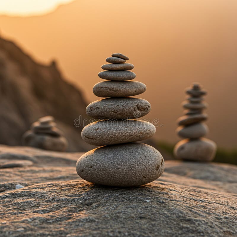 Smooth Stones are Stacked in Balanced Cairns on a Rocky Surface. the ...
