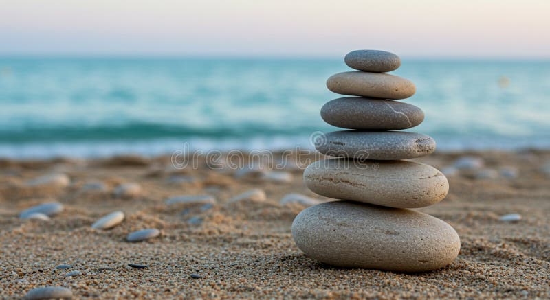 Smooth Stones are Stacked in a Balanced Tower on a Sandy Beach. Stock ...
