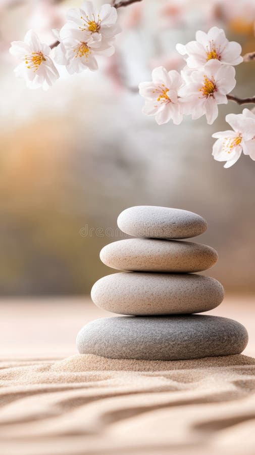 Smooth Stones Stacked on Sand with Cherry Blossoms Create Serene Scene ...