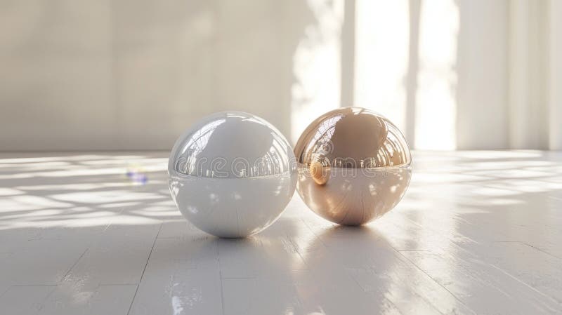 On a Smooth Surface, Two Metallic Spheres, One Rose Gold and One Silver ...