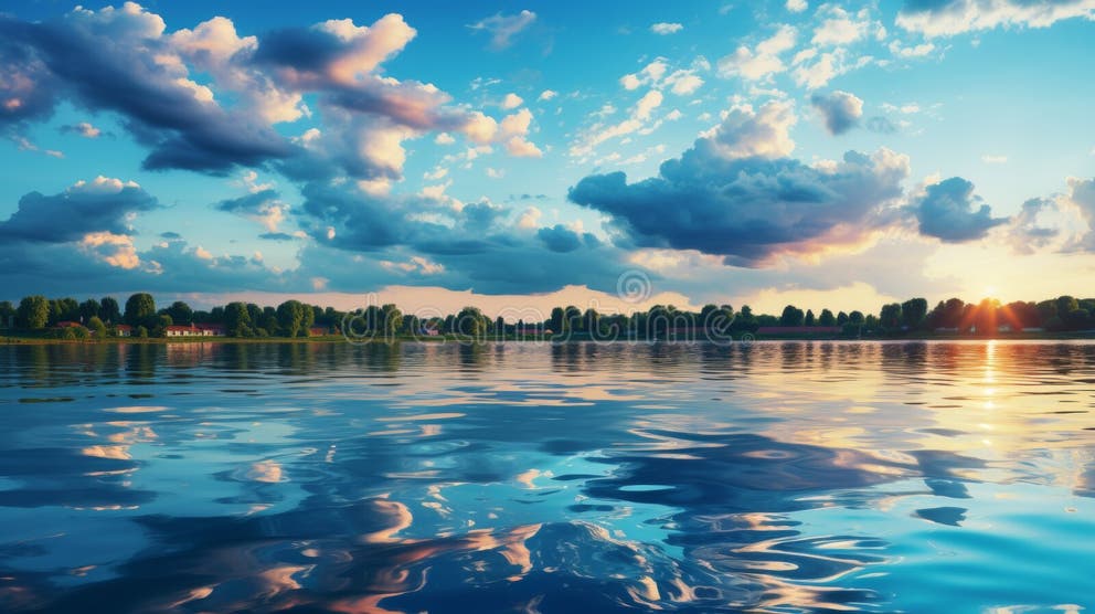 Smooth Water Surface with Reflection of Clouds at Sunset Stock ...