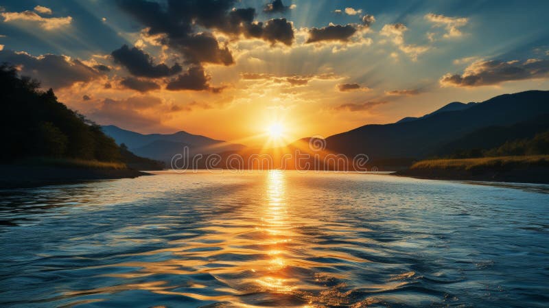 Smooth Water Surface with Reflection of Clouds at Sunset Stock ...