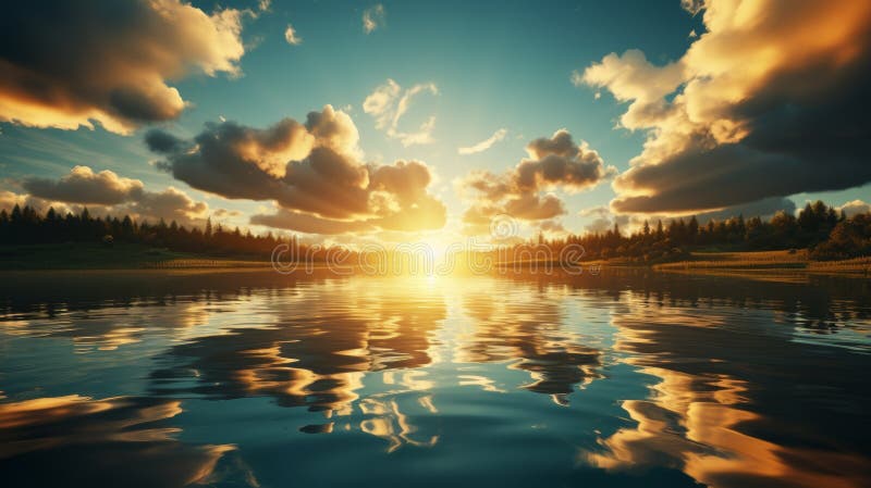 Smooth Water Surface with Reflection of Clouds at Sunset Stock ...