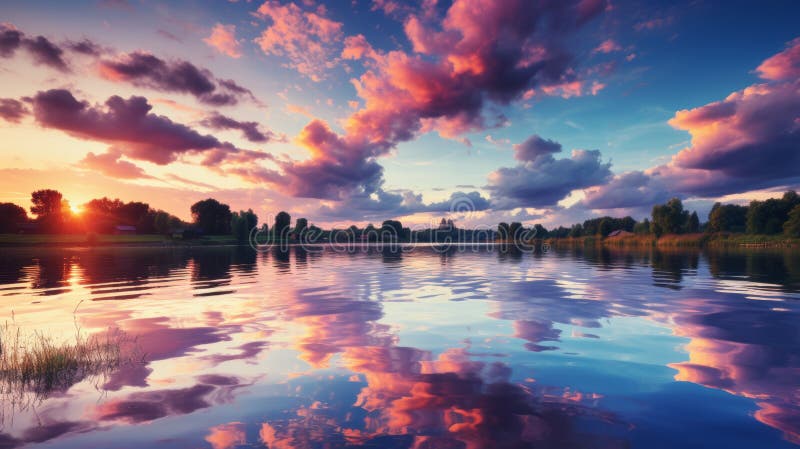 Smooth Water Surface with Reflection of Clouds at Sunset Stock ...