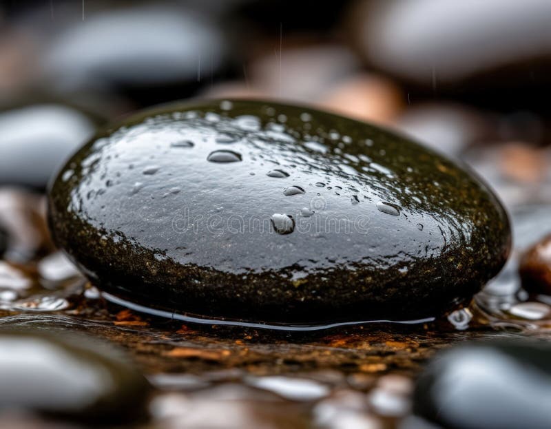 Smooth Wet Stone with Dark Surface, Reflecting Soft Ambient Light after ...