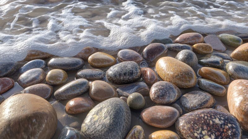 Smooth, Wet Stones on a Beach with Foamy Waves Stock Illustration ...