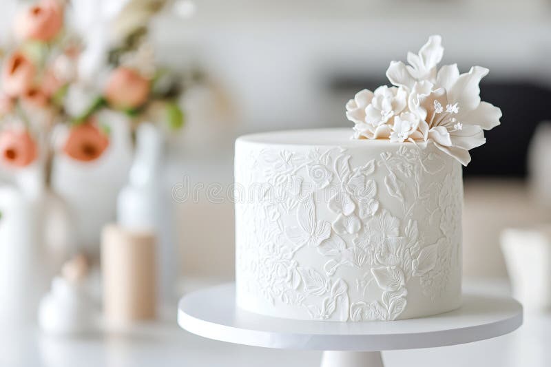 A Smooth, White Cake Features Delicate Embossed Floral Details and is ...