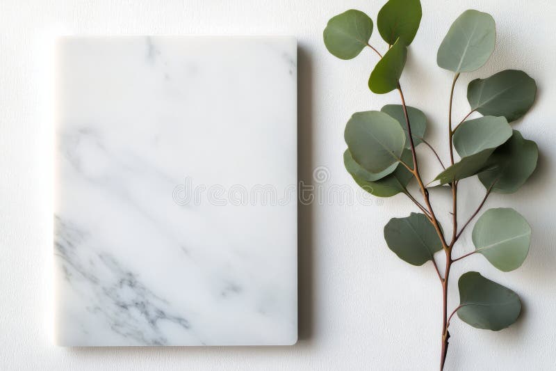Elegant Marble Notebook with Eucalyptus Leaves Arranged on a Light ...