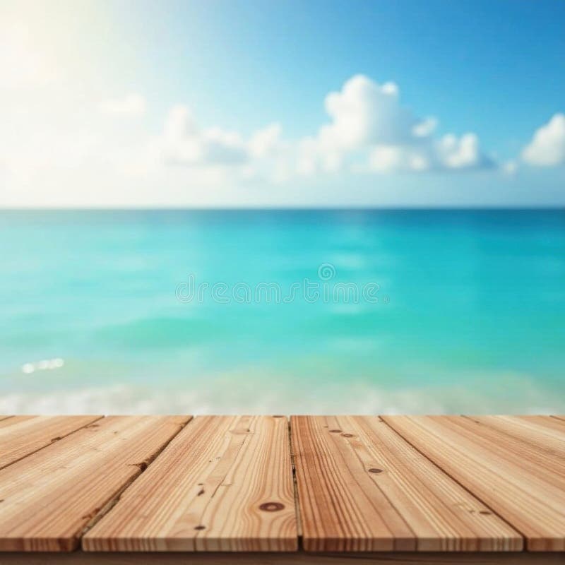 Smooth Wood Surface, Blurred Vibrant Ocean Sky Backdrop, Nature ...