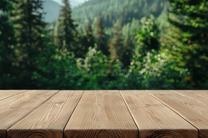 Smooth Wooden Tabletop with Blurred Forest Background Stock Photo ...