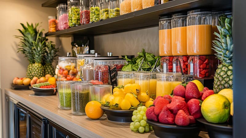 A Smoothie Bar with Vibrant Fruits and Refreshing Drinks on Display ...